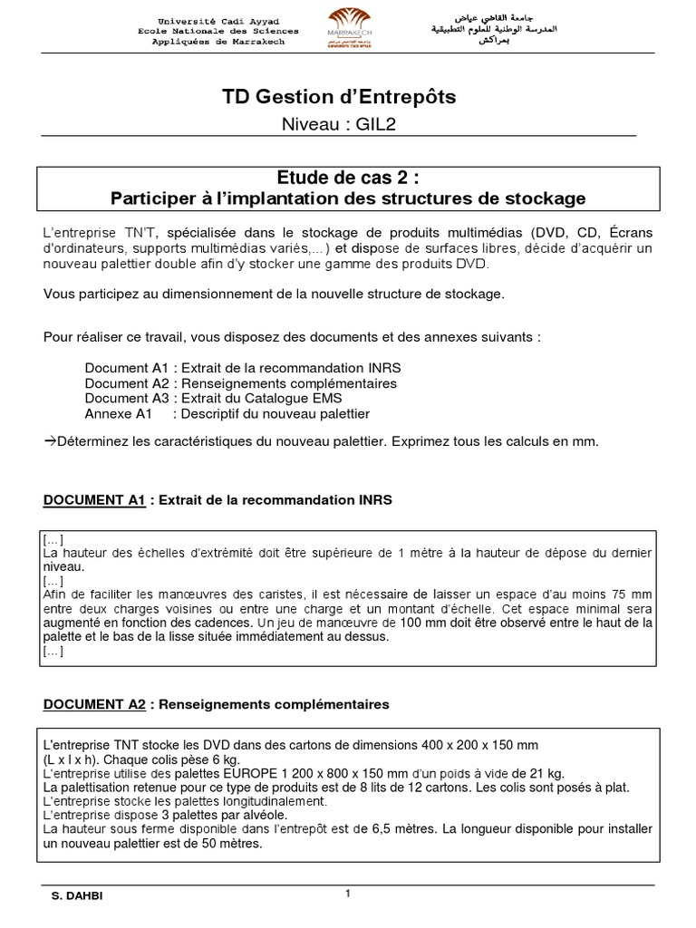 Corrigé TD Dimensionnement Palettier | PDF | Méthodes et références pédagogiques | Technologie ...