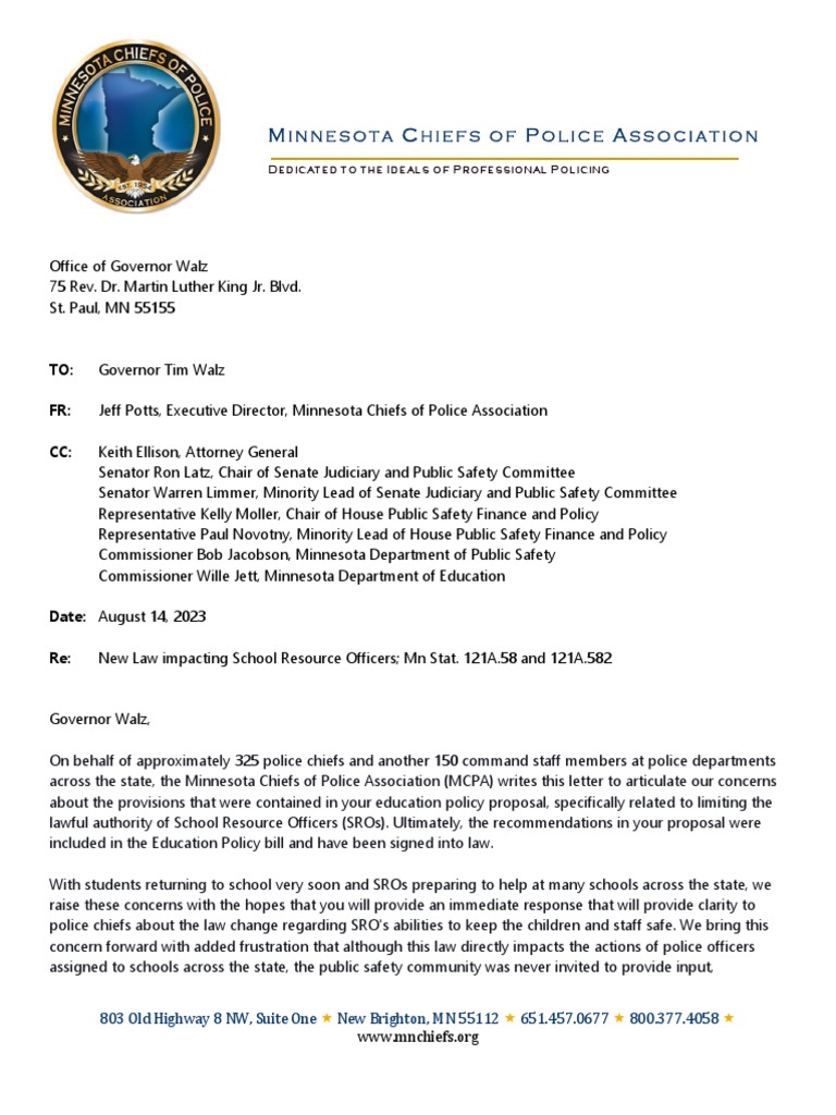 LETTER: Chiefs of Police Letter To Governor Tim Walz | PDF