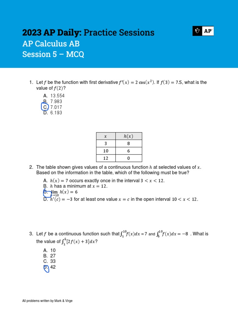 Session 5 Calculus AB 2023 AP Daily Practice Sessions | PDF