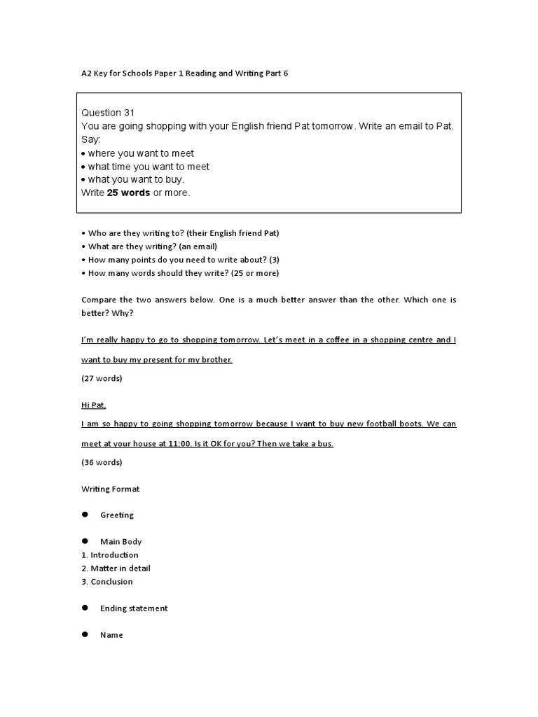 A2 Key For Schools Paper 1 Reading and Writing Par | PDF