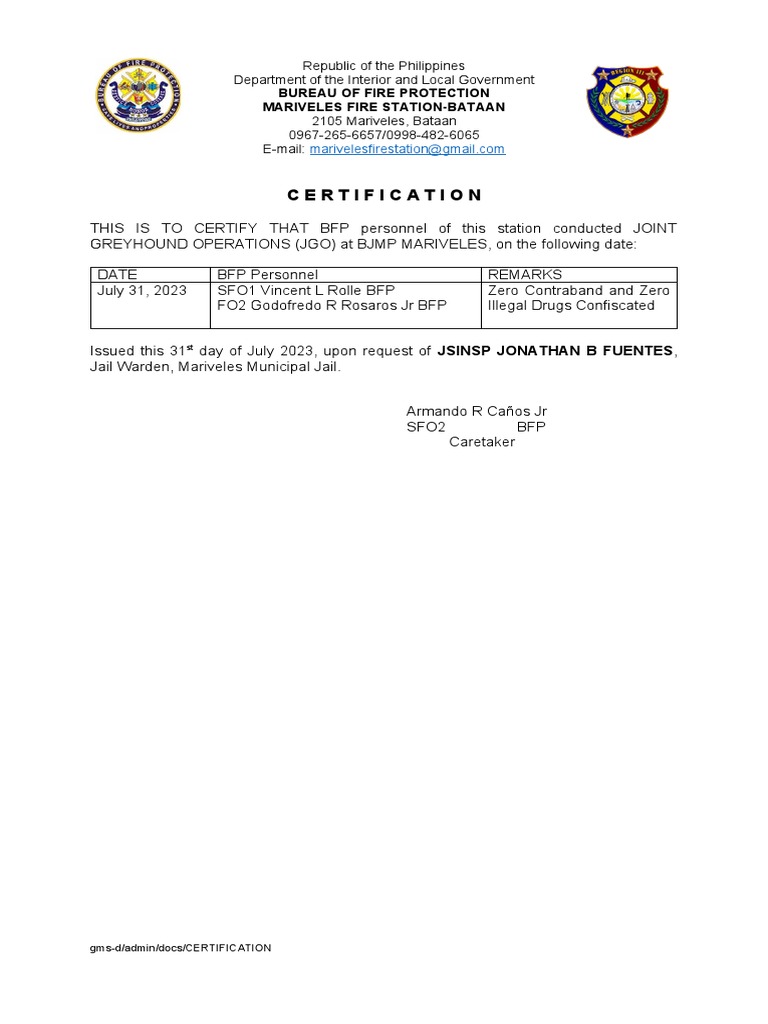 Certification Bjmp-Greyhound Contraband | PDF