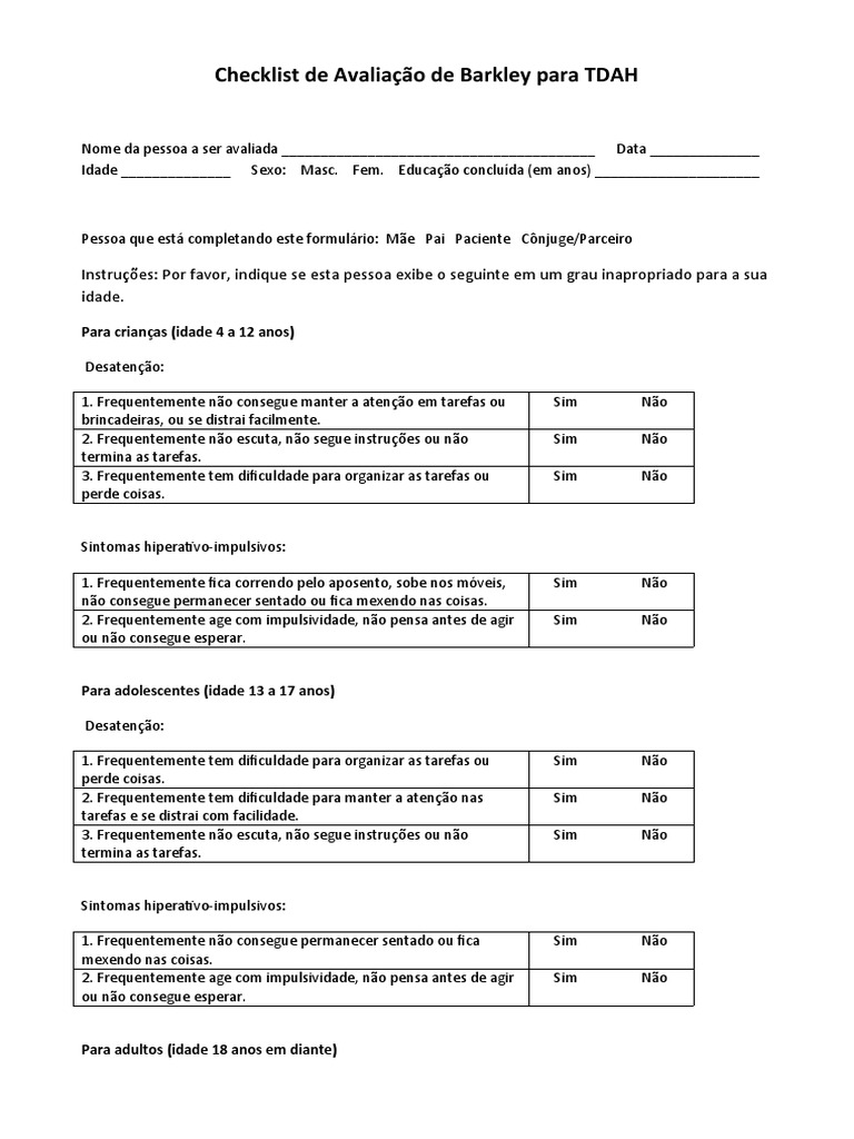 Checklist de Avaliação de Barkley Para TDAH | PDF