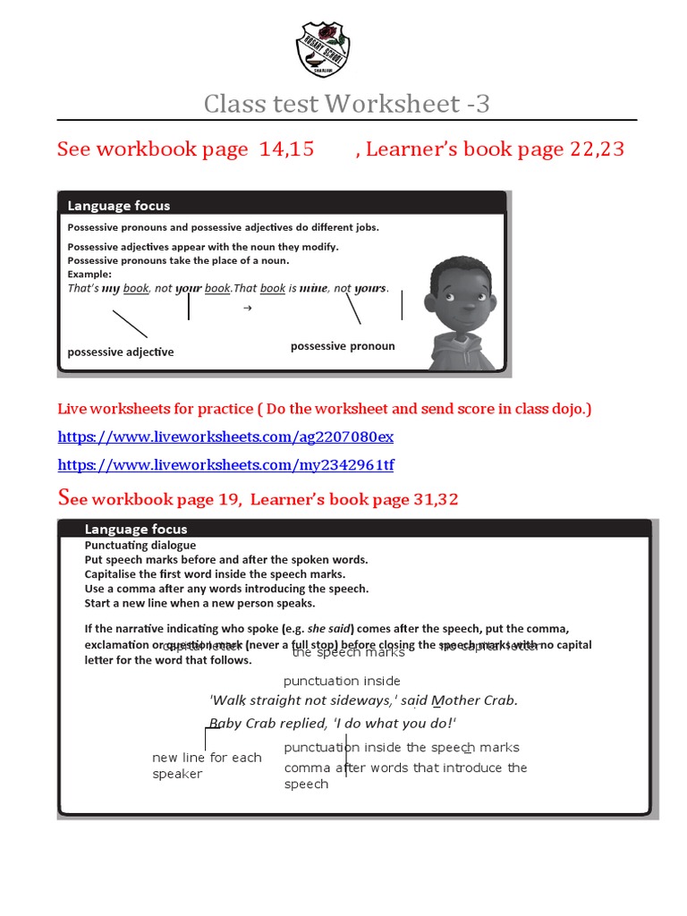 Class Test Worksheet - 3: See Workbook Page 14,15, Learner's Book Page ...
