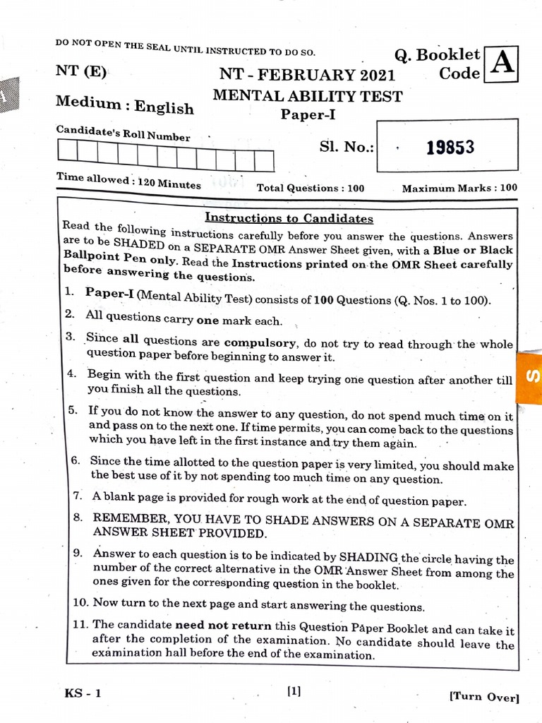 NTSE Feb 2021 - Paper-I (MAT) - Booklet Code - A (English Medium) | PDF
