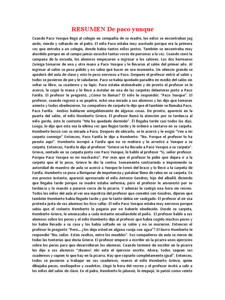 resumen del cuento Paco Yunque | PDF