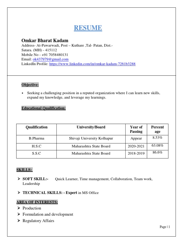 Omkar Kadam Resume | PDF | Career & Growth