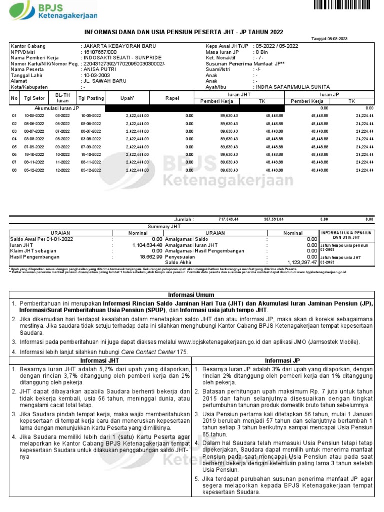 Informasi JHT dan JP Peserta 2022 | PDF