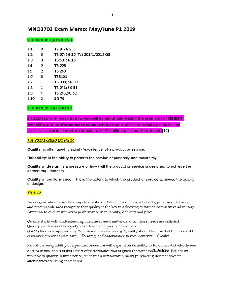 MNO3703 Exam Memo: May/June P1 2019: Section A: Question 1 | PDF
