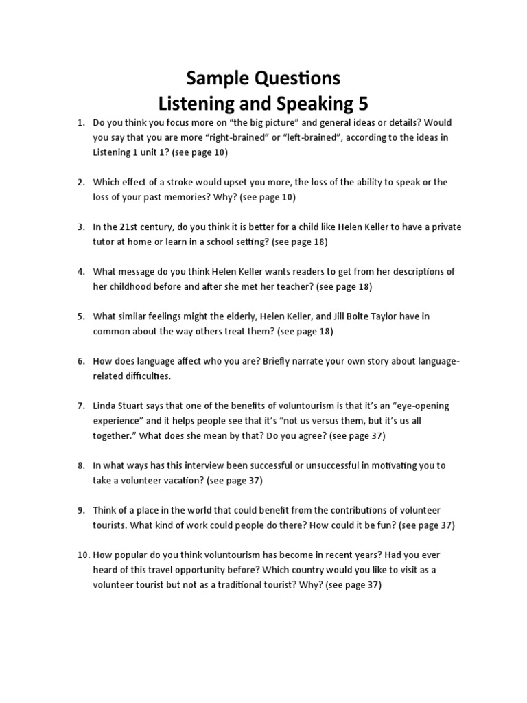 Sample Questions For Speaking Test | PDF