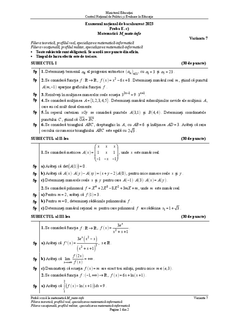 Subiecte Matematică, Profilul Mate-Info | PDF