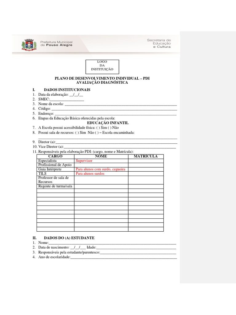 Modelo Preenchimento PDI 2022 - Educação Infantil | PDF