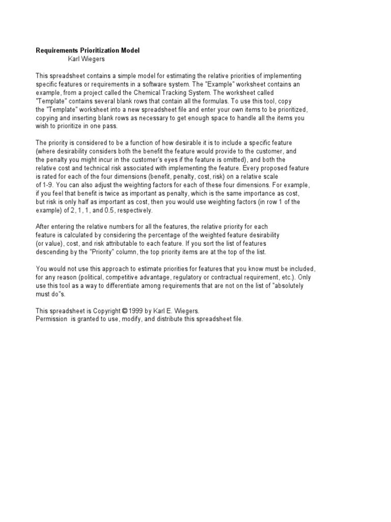 Wiegers Requirements - Prioritization - Worksheet | PDF