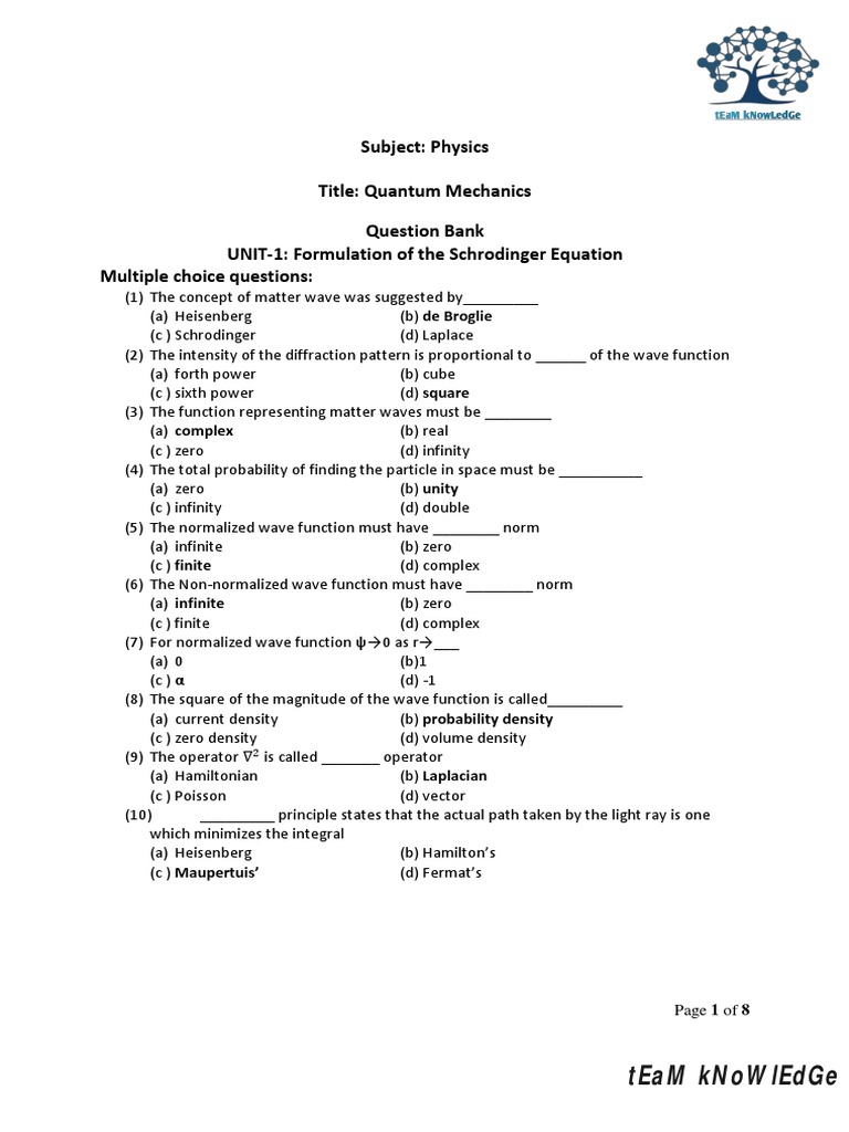 Quantum Mechanics Question Bank | PDF