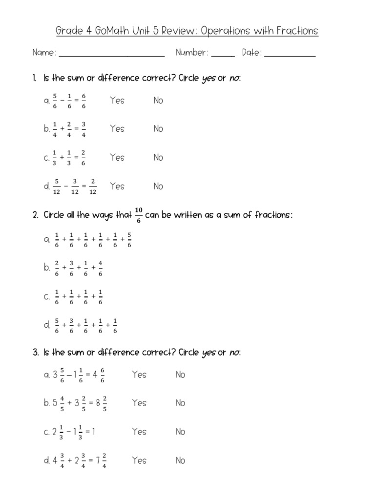 Grade 4 Gomath Unit 5 Review: Operations With Fractions: A. B. C. D | PDF