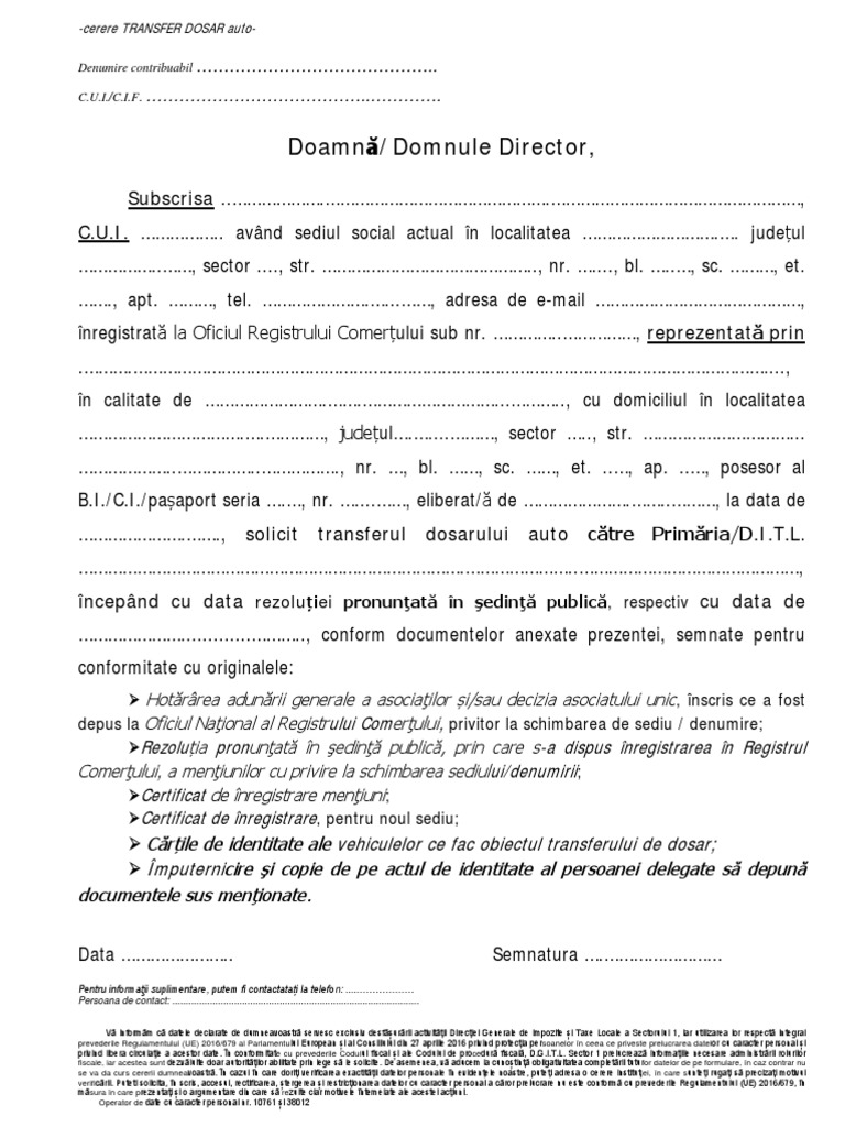 10.cerere Transfer Dosar Auto | PDF