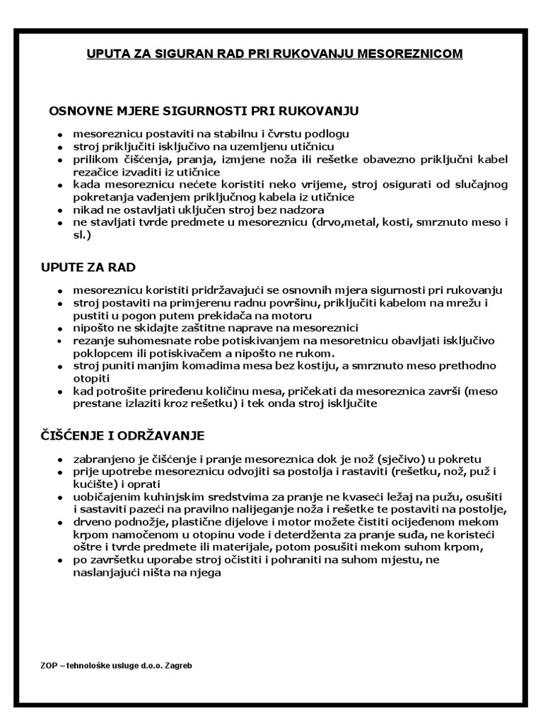 Upute Za Siguran Rad Pri Rukovanju Mesoreznicom | PDF