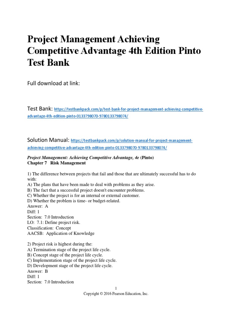 Project Management Achieving Competitive Advantage 4th Edition Pinto ...