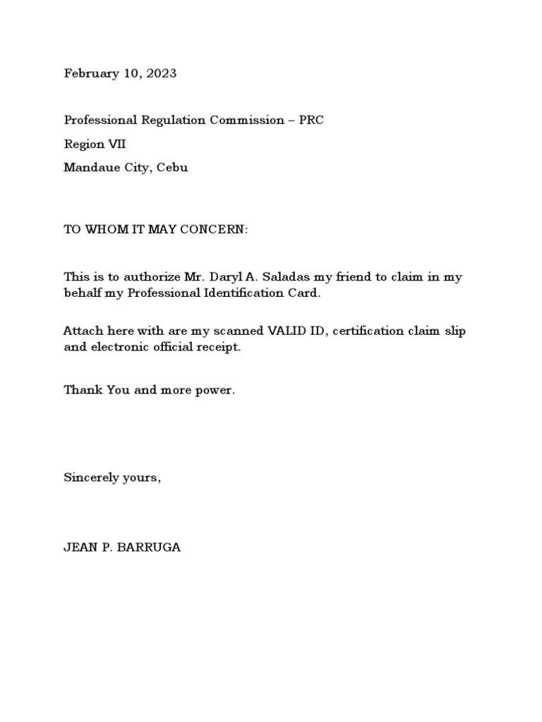 Authorization Letter PRC | PDF