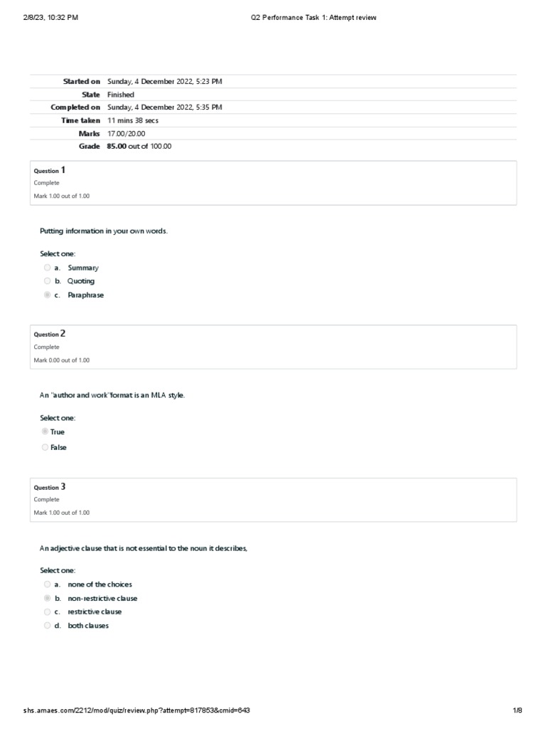 Q2 Performance Task 1 - Attempt Review | PDF