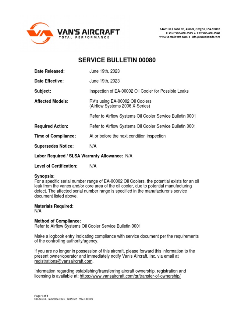 SB 00080 RV 14 Oil Cooler Inspection | PDF