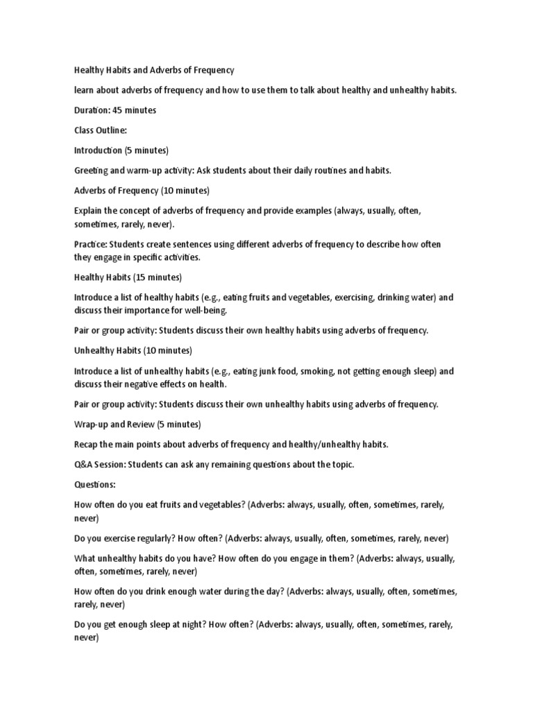 Healthy Habits And Adverbs Of Frequency Pdf