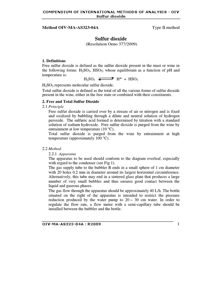 Sulfur Dioxide Analysis Methods OIV | PDF | Cooking, Food & Wine ...