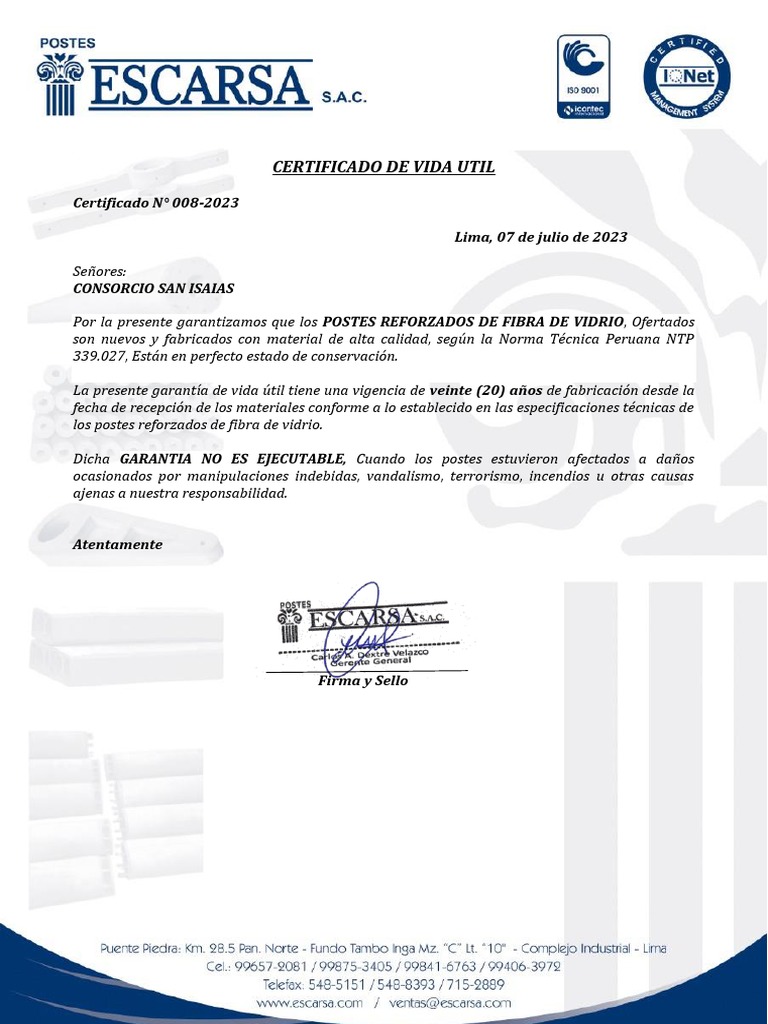 Certificado de Vida Util 008-2023 | PDF