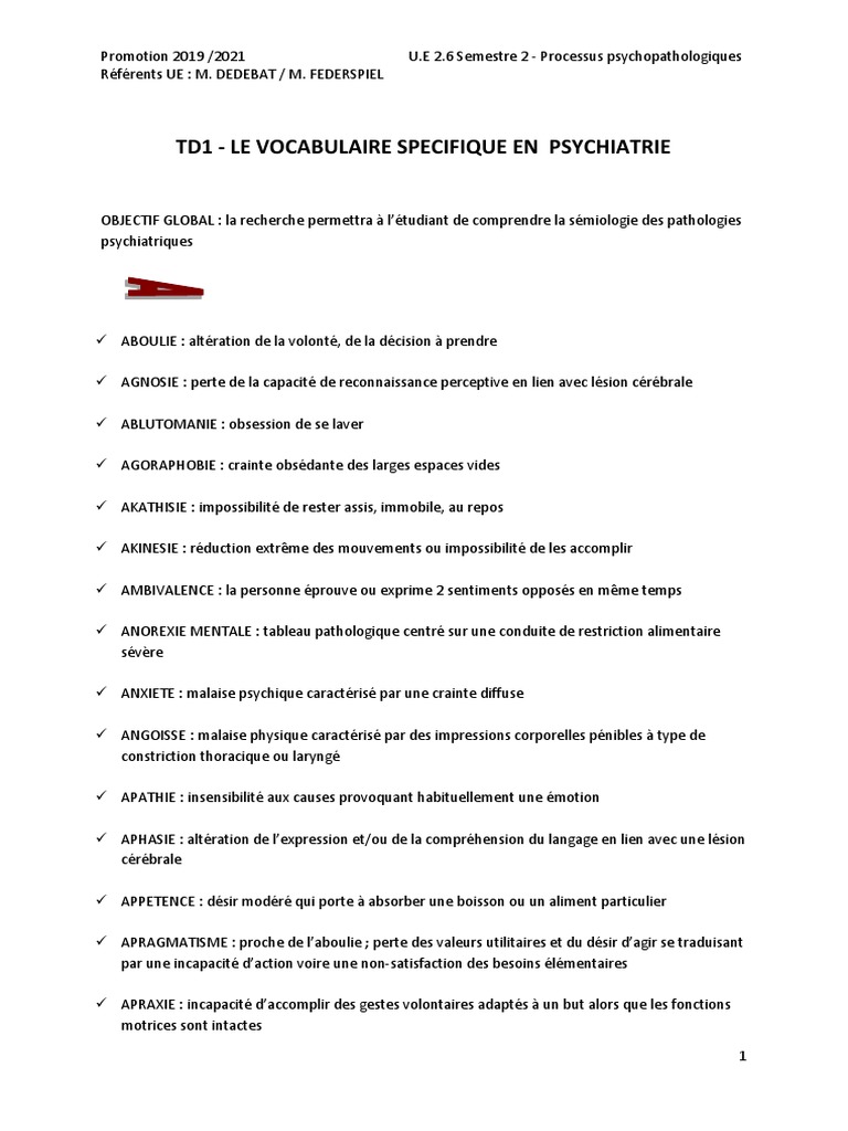 Td1 - Le Vocabulaire Specifique en Psychiatrie | PDF