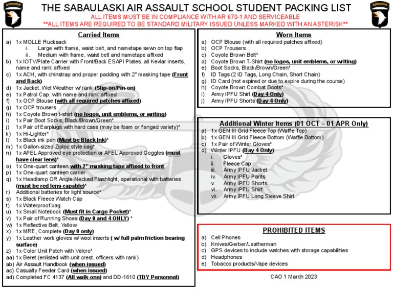 Aaslt Packing List Cao 01march2023 | PDF