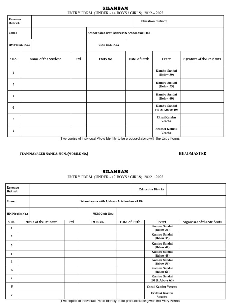 Silambam Entry Form 2022-2023 | PDF