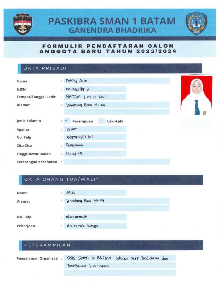 Formulir Pendaftaran Paskibra SMA 1 Batam Feisty Aulia | PDF