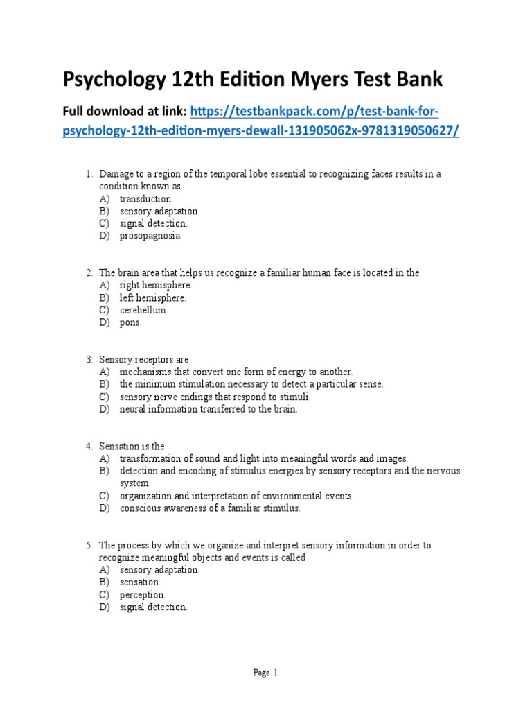 Psychology 12th Edition Myers Test Bank Download | PDF