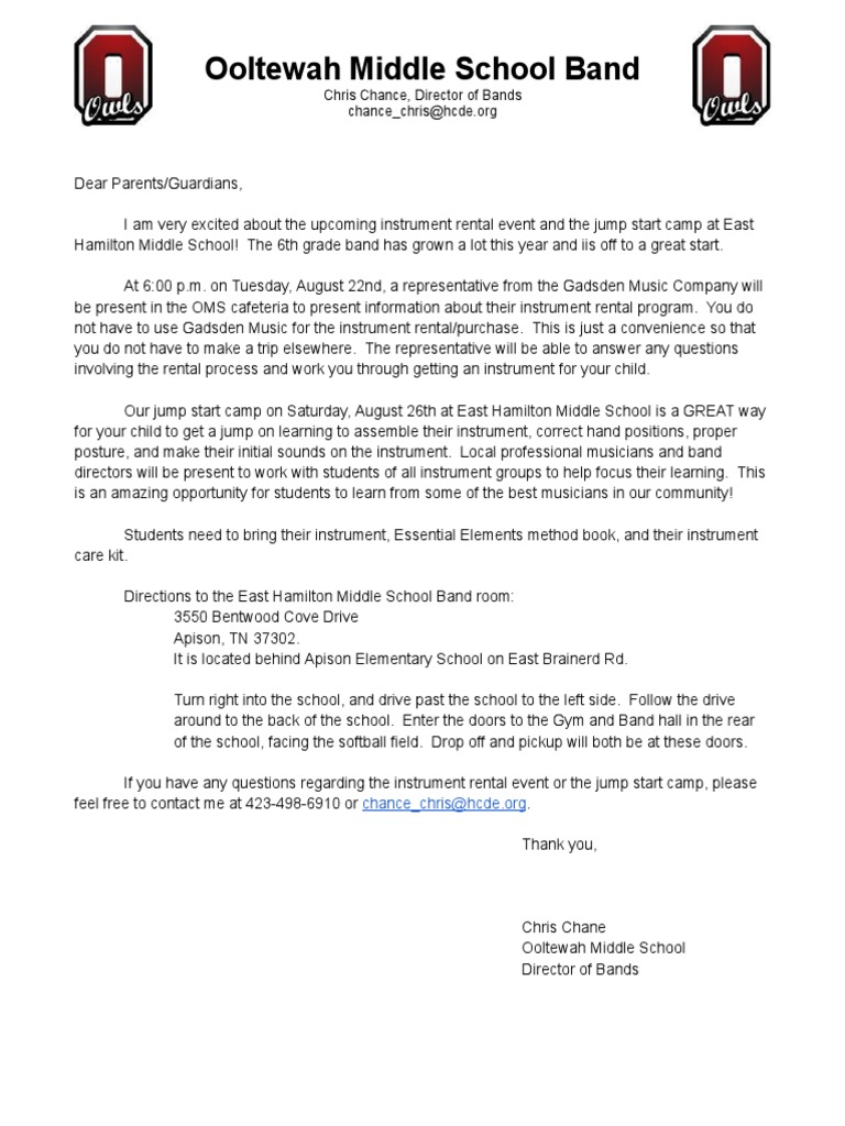OMS Band Jump Start Camp Letter | PDF
