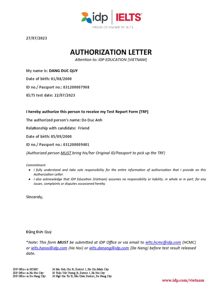 IELTS Test Report Authorization Letter | PDF