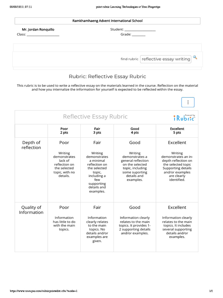 Reflective Essay Rubric Draft | PDF