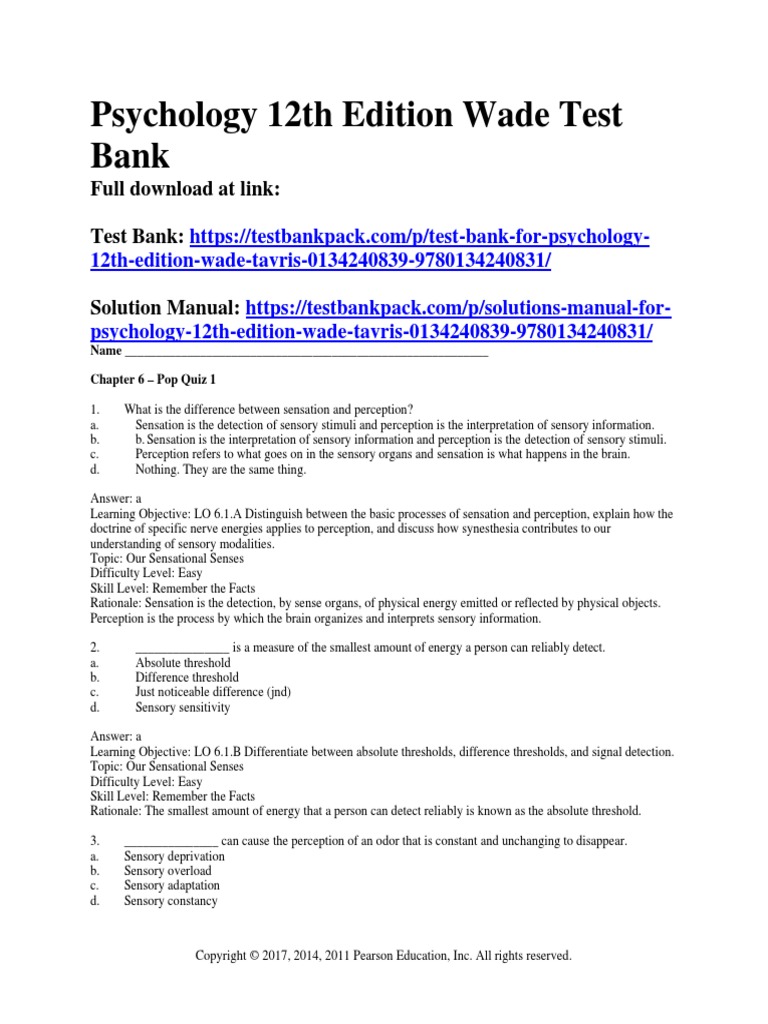 Psychology 12th Edition Wade Test Bank Download | PDF