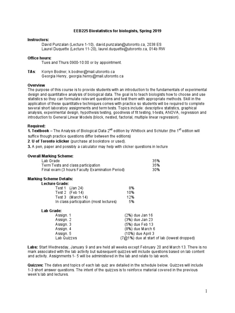 EEB225 Biostatistics Syllabus 2019 | PDF