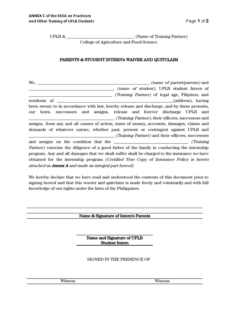 UPLB Student Intern Waiver Form | PDF | Social Science
