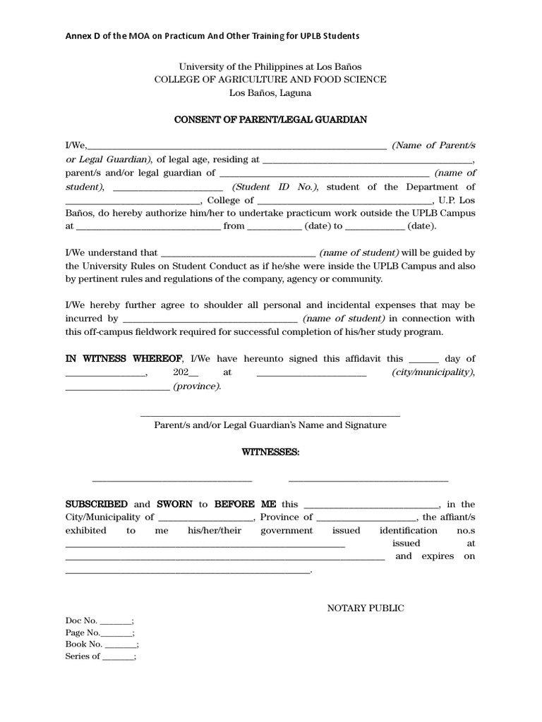 ANNEX D of The MOA On UPLB Students Internship (Parents' Consent Form ...