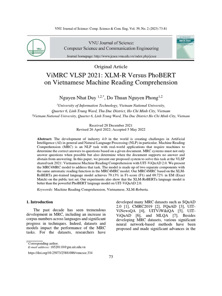 Vimrc VLSP 2021: XLM-R Versus Phobert On Vietnamese Machine Reading Comprehension | PDF
