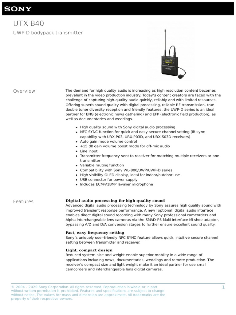 Specifikacija Sony UTX-B40 | PDF
