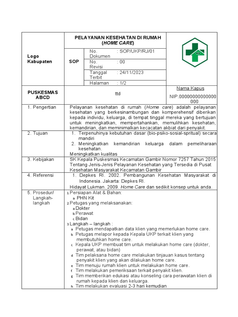 SOP Pelayanan Home Care Puskesmas | PDF