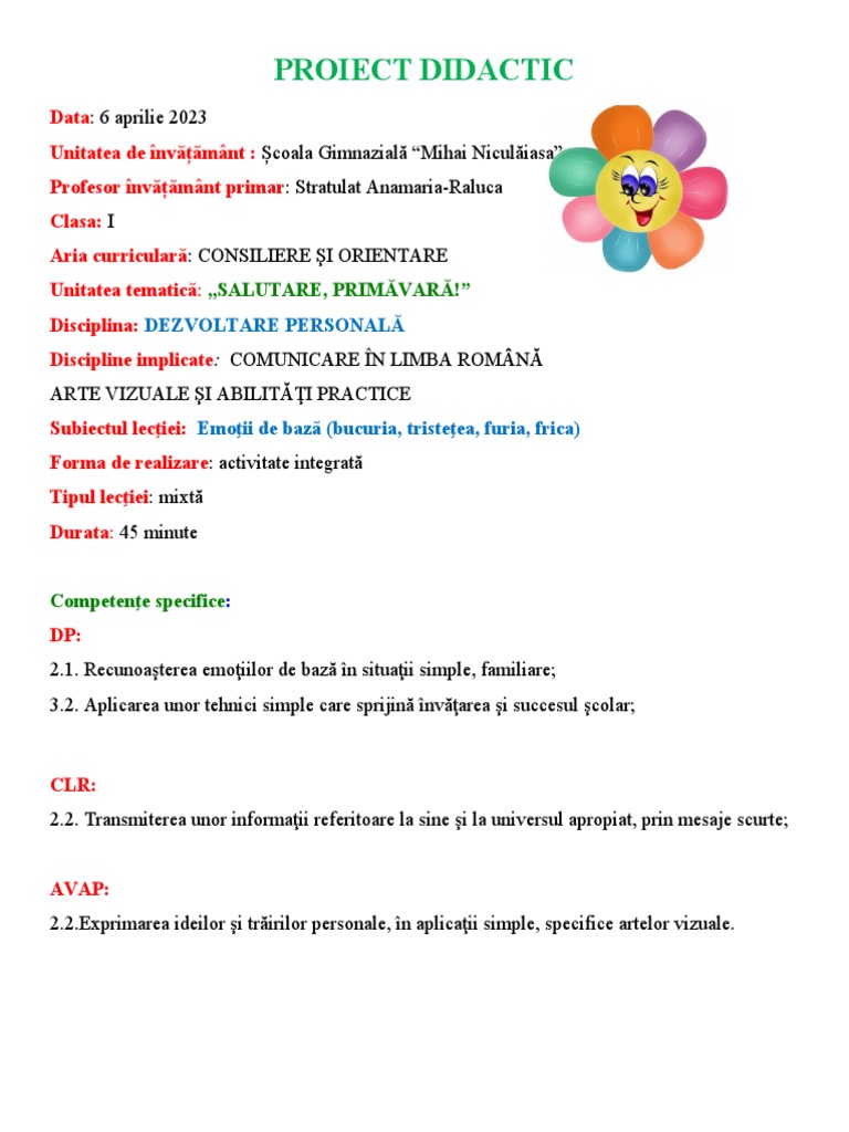 Proiect Didactic: Dezvoltare Personală | PDF