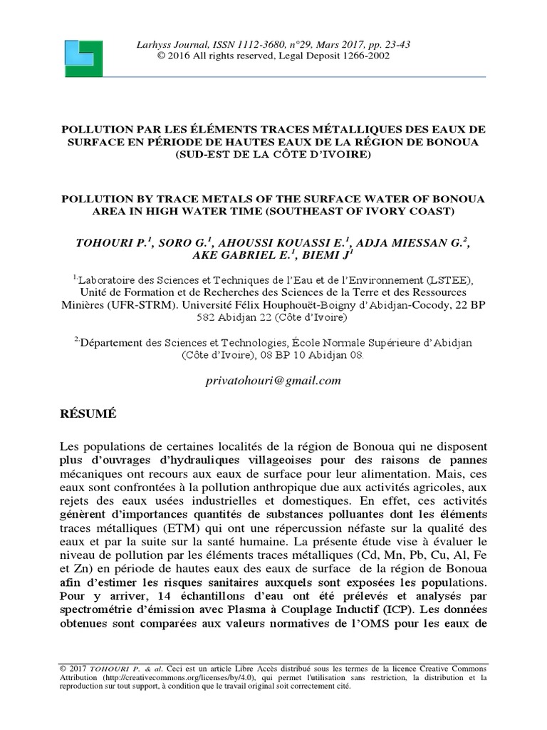 POLLUTION PAR LES ÉLÉMENTS TRACES MÉTALLIQUES DES EAUX RÉGION DE BONOUA voir norme OMS | PDF
