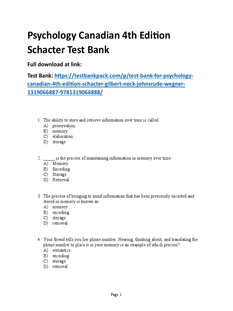 Psychology Canadian 4th Edition Schacter Test Bank Download | PDF Psychology Canadian 4th Edition Schacter Test Bank Download | PDF