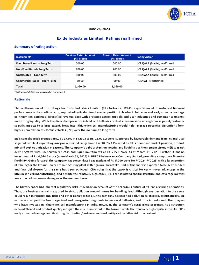 Exide Industries Limited - ICRA Report | PDF