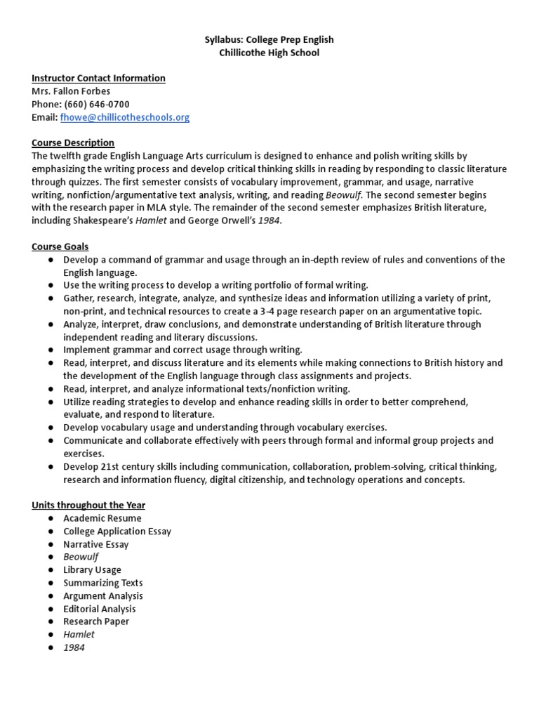 Forbes College Prep English Syllabus 2022-23 | PDF