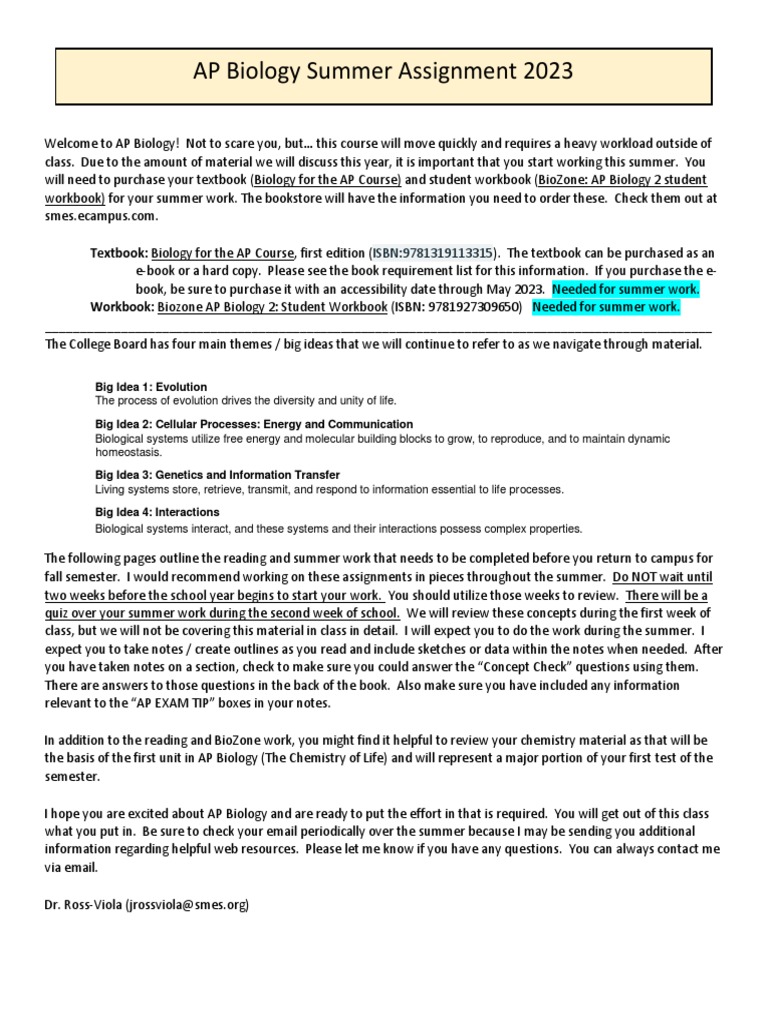 2023 AP Bio Summer Reading Letter | PDF