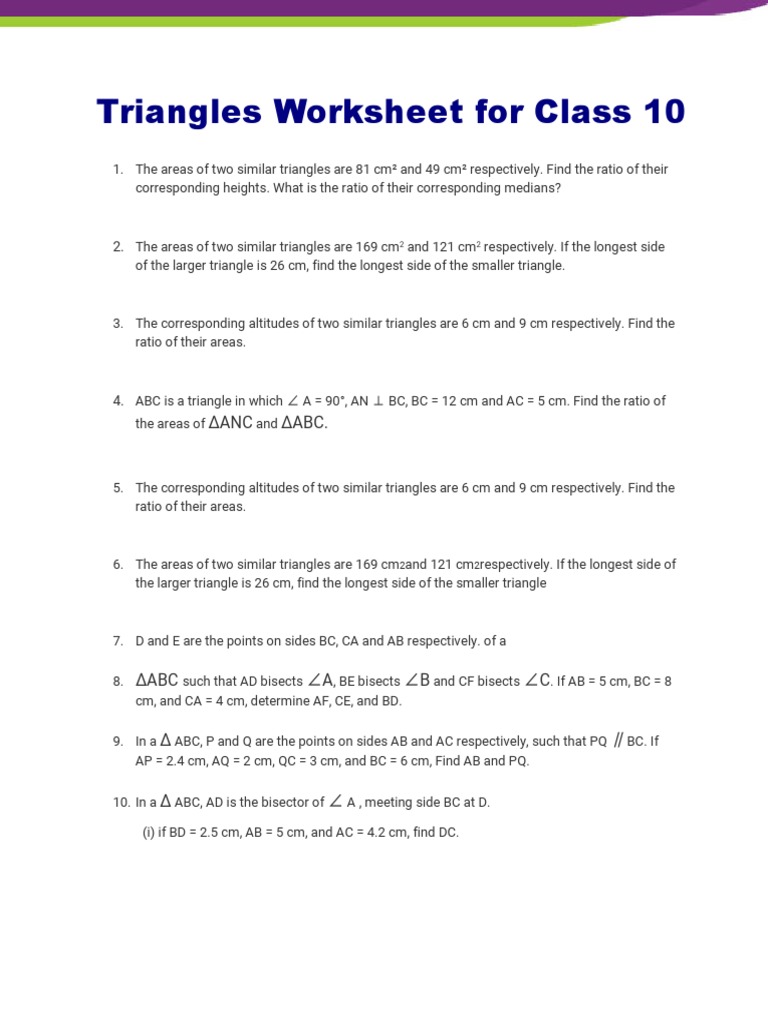 Triangles Worksheet for Class 10 | PDF