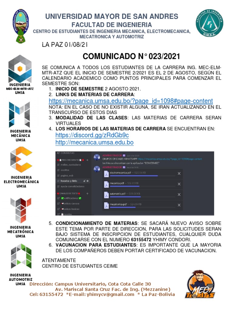 Comunicado 023 2021 Inicio de Semestre 2 2021-1 | PDF